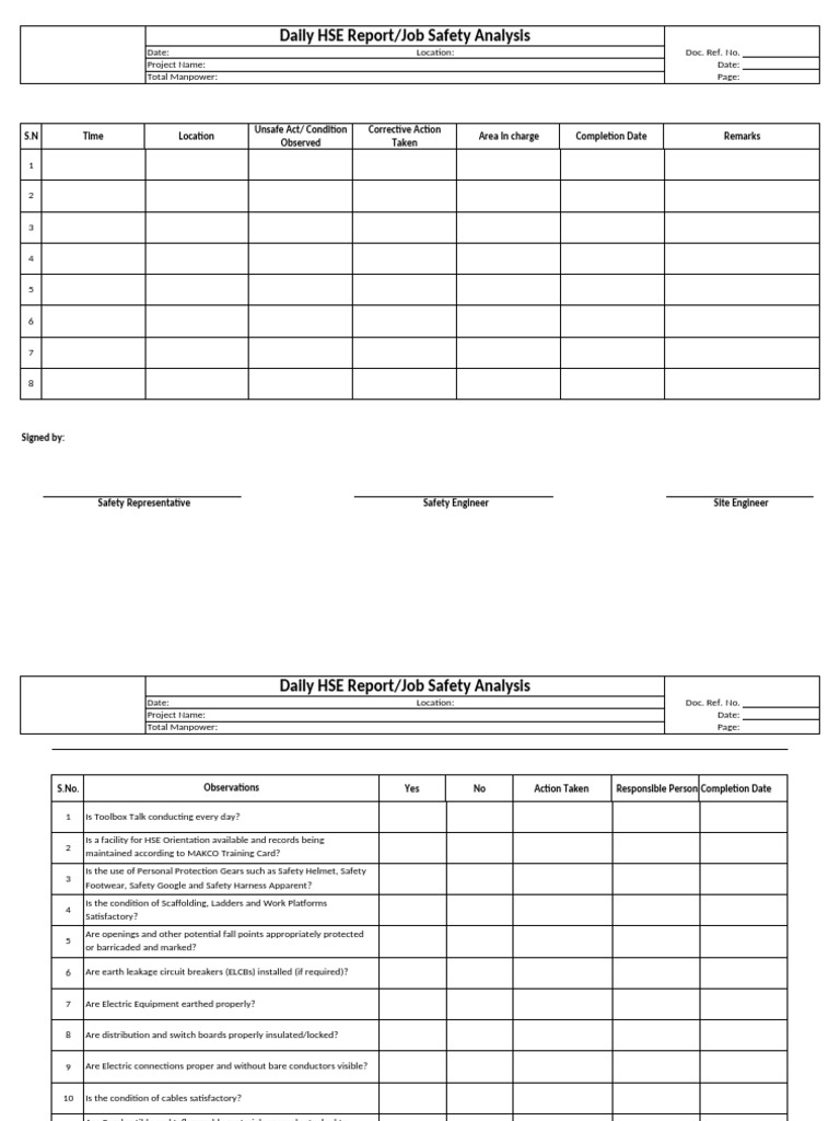 Daily HSE Report/Job Safety Analysis: Date: Location: Doc. Ref. No ...