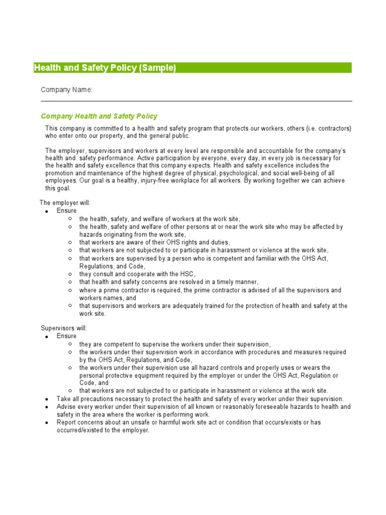 Health and Safety Policy (Sample) : Company Name | PDF | Occupational ...