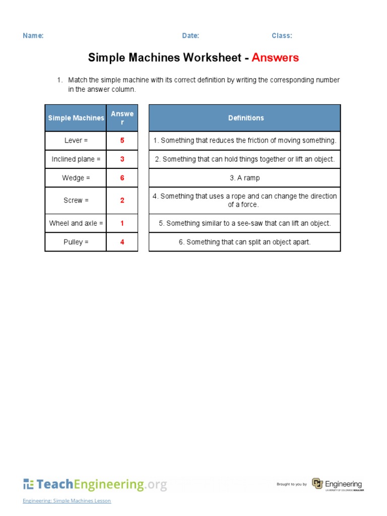 Simple Machines Worksheet - : Answers | PDF | Machines | Manufactured Goods