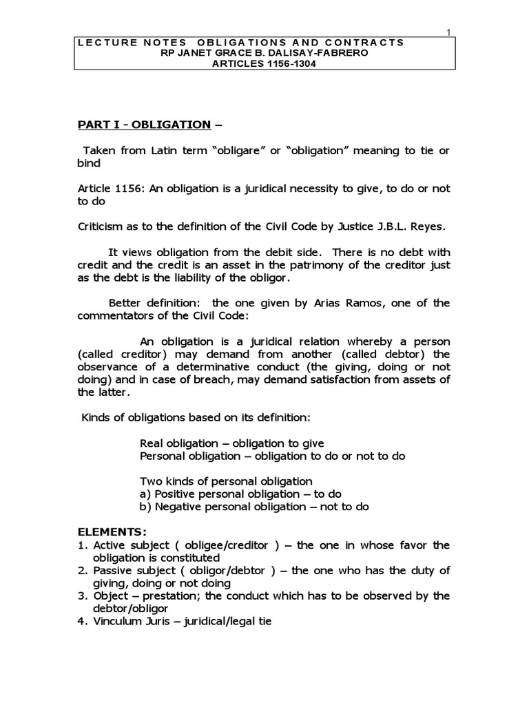 Lecture Notes Oblicon | PDF | Negligence | Law Of Obligations