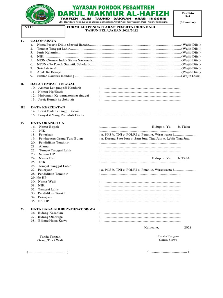 FORMULIR PENDAFTARAN PPDB 2020 2021 1s | PDF
