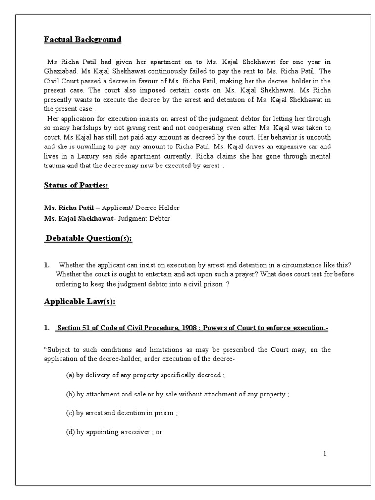 Factual Background: Ms. Richa Patil - Applicant/ Decree Holder Ms. Kajal Shekhawat-Judgment ...