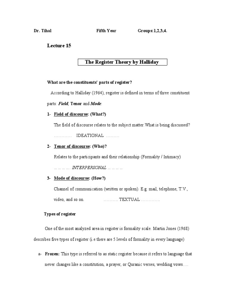 Halliday's Register Theory Explained | PDF | Discourse | Linguistics