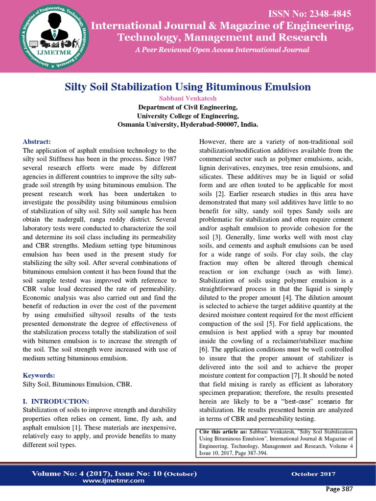 Silty Soil Stabilization Using Bitumen Emulsion | PDF | Asphalt | Soil
