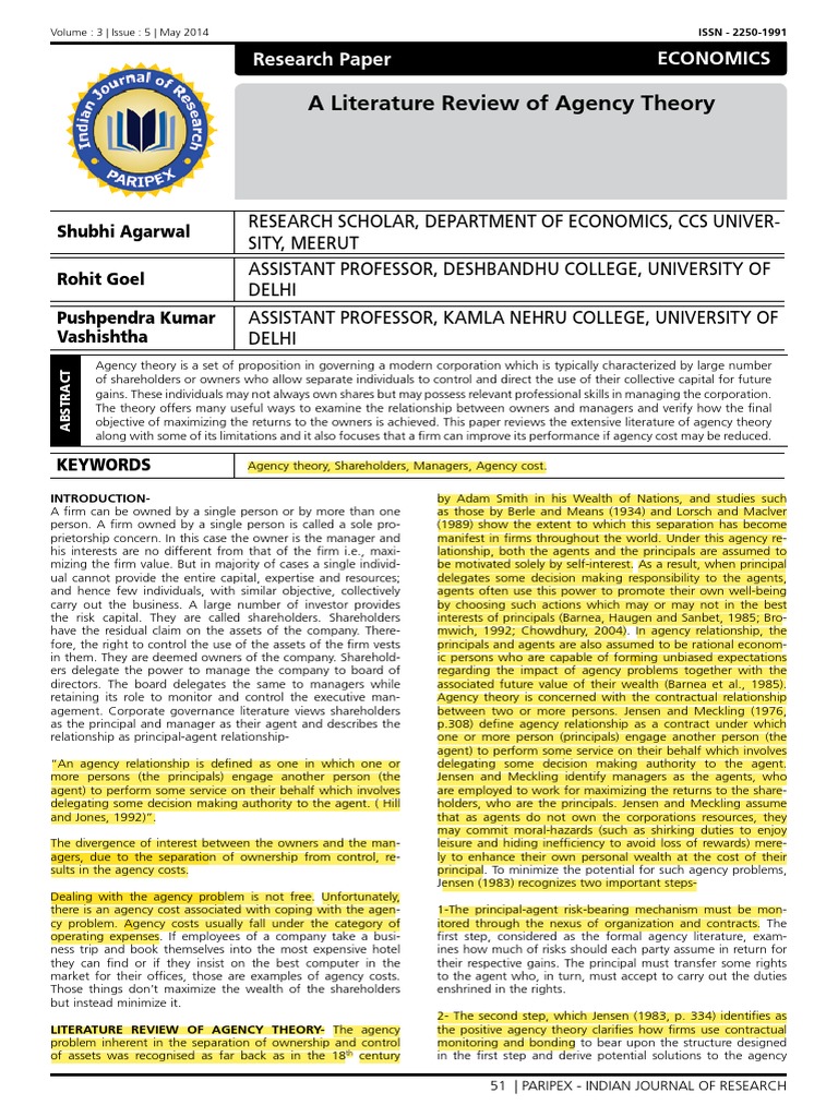 A Literature Review of Agency Theory | PDF | Market (Economics) | Economics