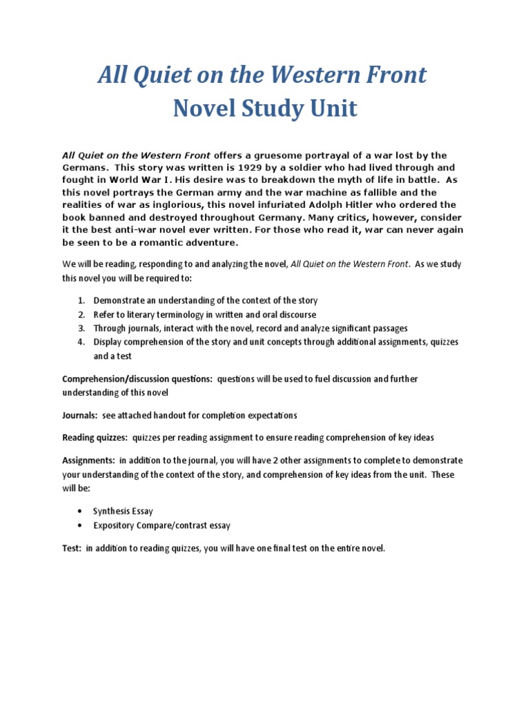 All Quiet on the Western Front Unit | PDF | Essays | Novels