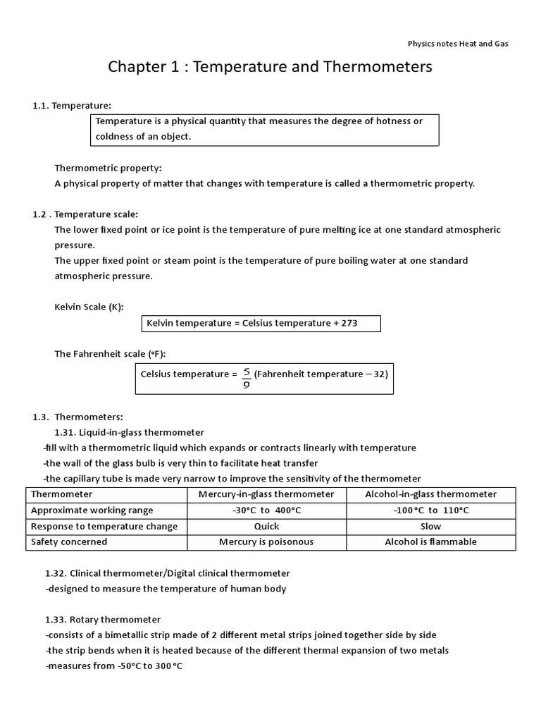 Chapter 1: Temperature and Thermometers: Physics Notes Heat and Gas ...