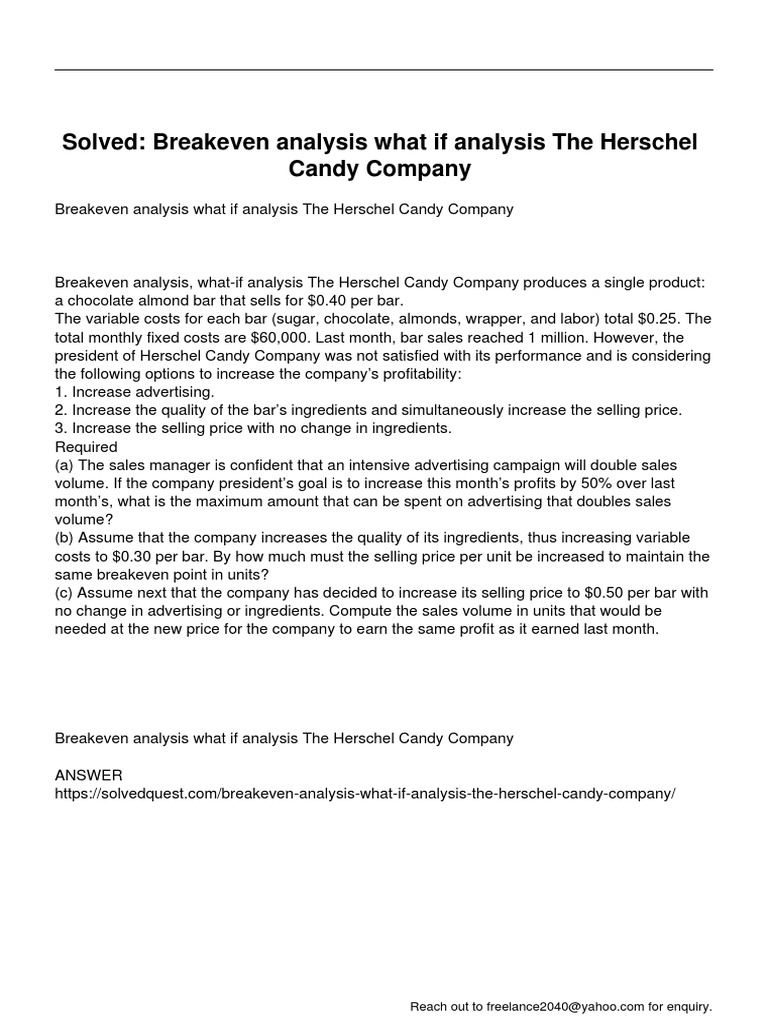 Breakeven Analysis What If Analysis The Herschel Candy Company | PDF ...