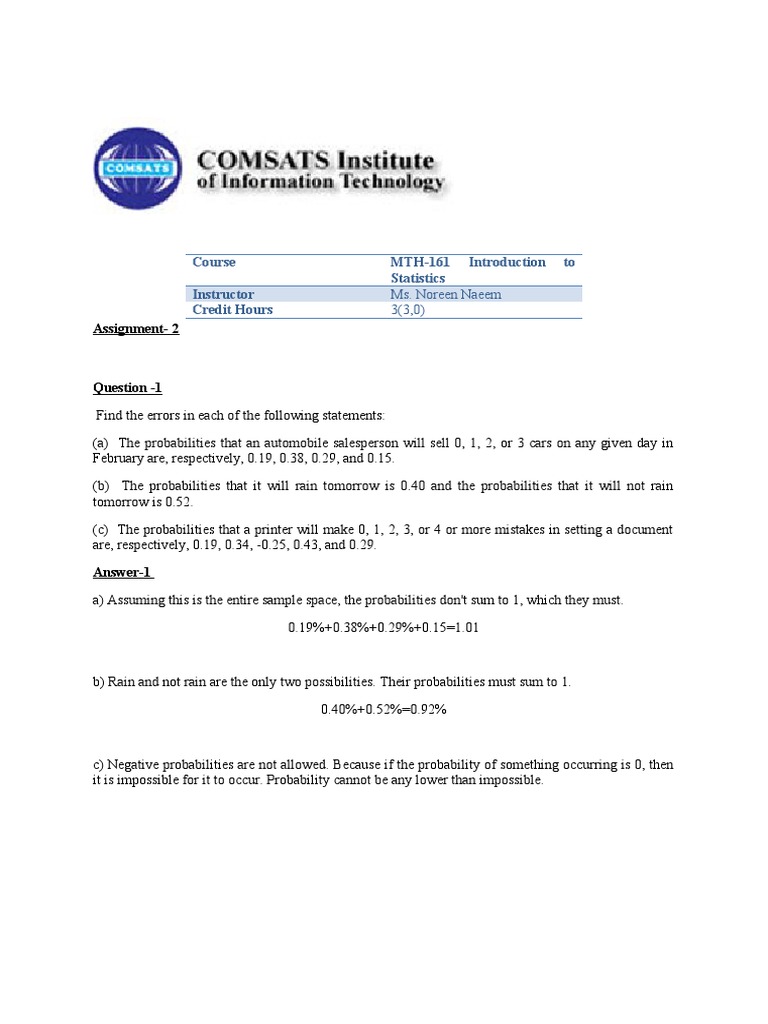 Course MTH-161 Introduction To Statistics Instructor Credit Hours | PDF ...
