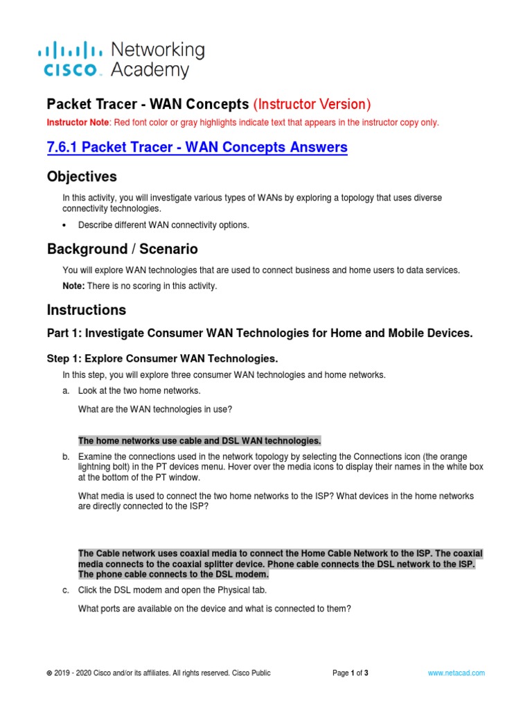 WAN Concepts Packet Tracer Guide | PDF | Modem | Computer Network