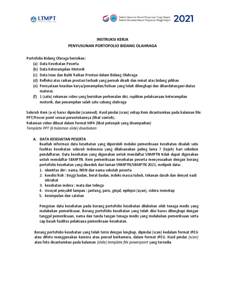 01 Instruksi Kerja Penyusunan Portofolio 2021 - Olahraga | PDF | Metode & Bahan Ajar | Sains ...