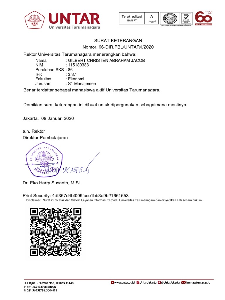 Surat Keterangan Mahasiswa Aktif UNTAR | PDF