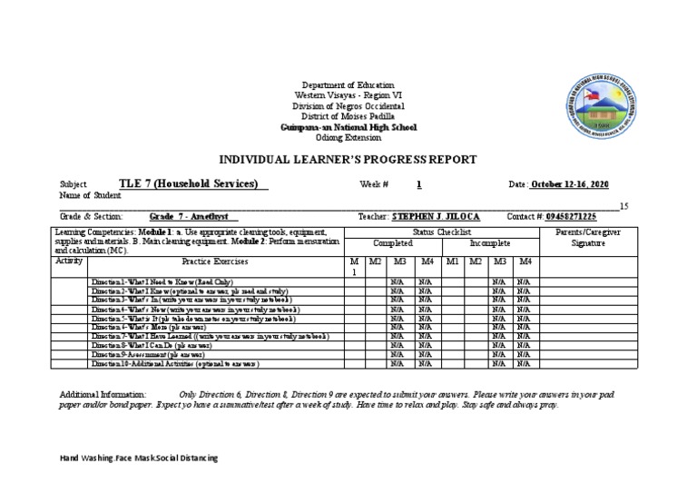 Individual Learner'S Progress Report TLE 7 (Household Services) | PDF | Education Theory | Pedagogy