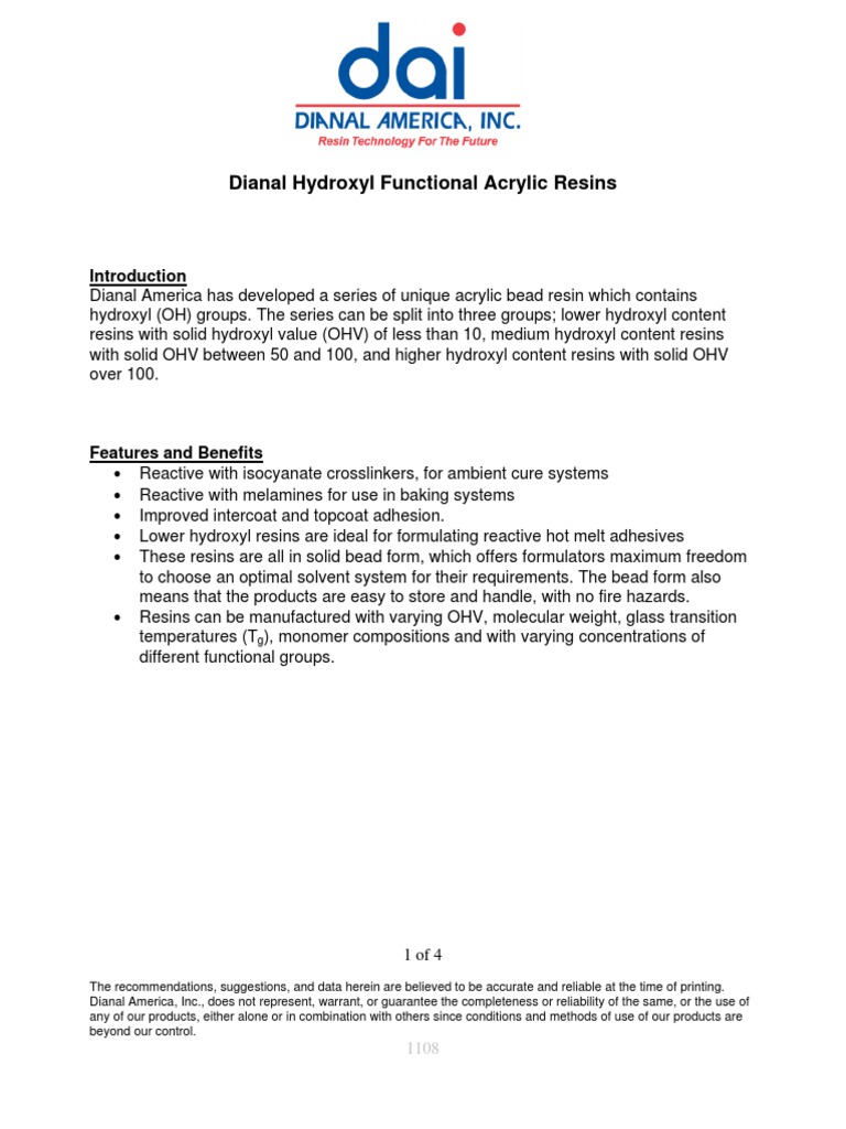 Hydroxyl Functional Resin TDS | PDF | Poly(Methyl Methacrylate ...
