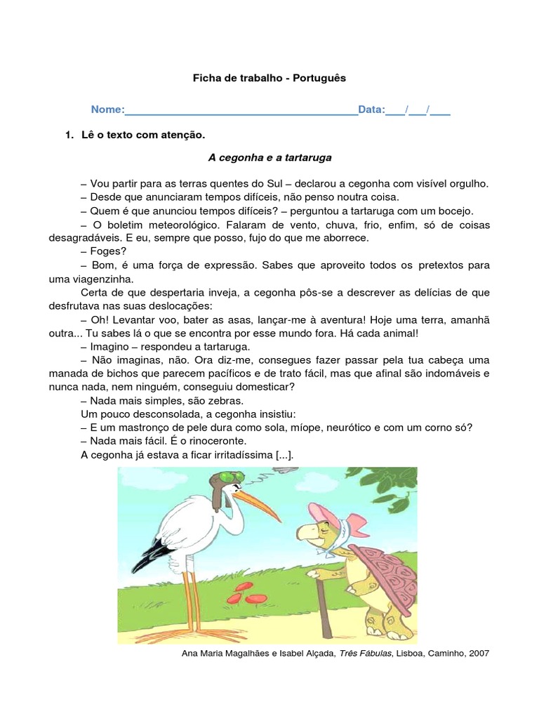 Ficha de Trab. Port. Excerto Da Fábula A Cegonha e A Tartaruga | PDF