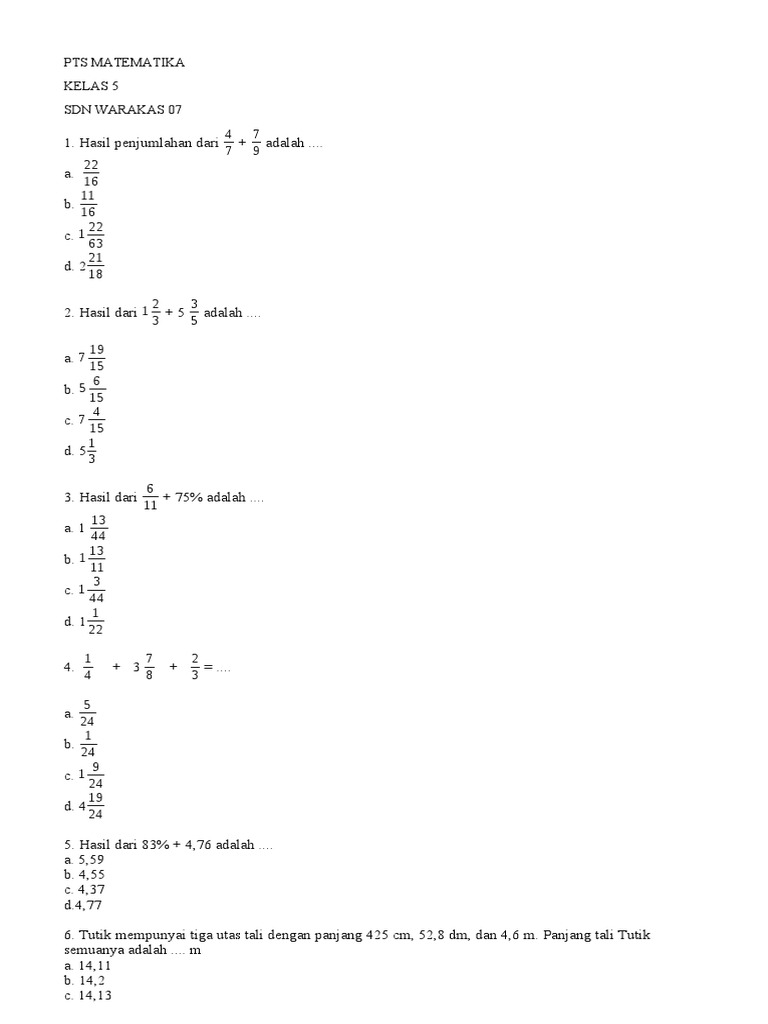PTS Matematika | PDF | Metode & Bahan Ajar | Griya & Taman
