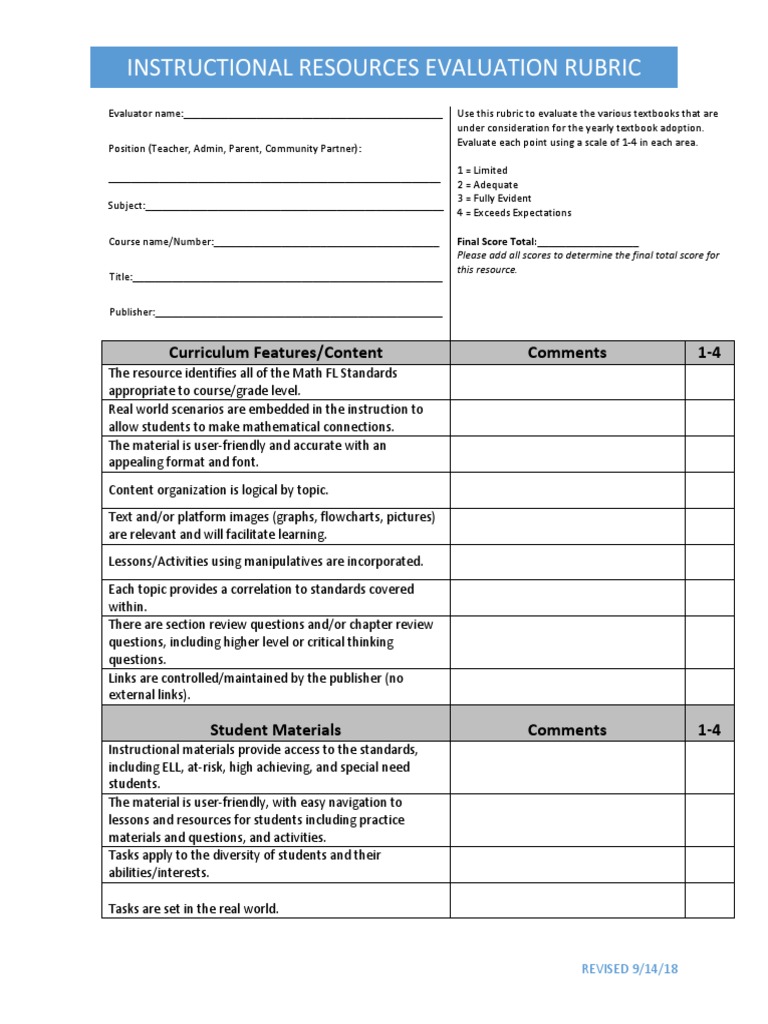 Elementary Math Textbook Evaluation Rubric | PDF | Educational ...