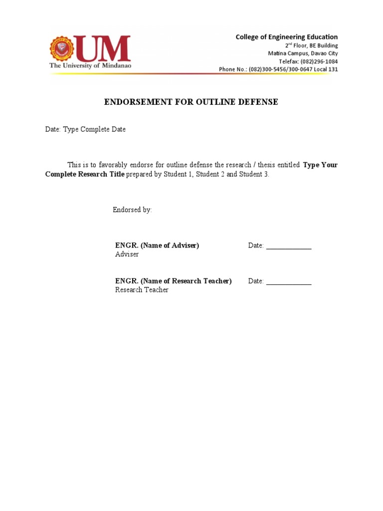 Endorsement Form For Outline Defense | PDF