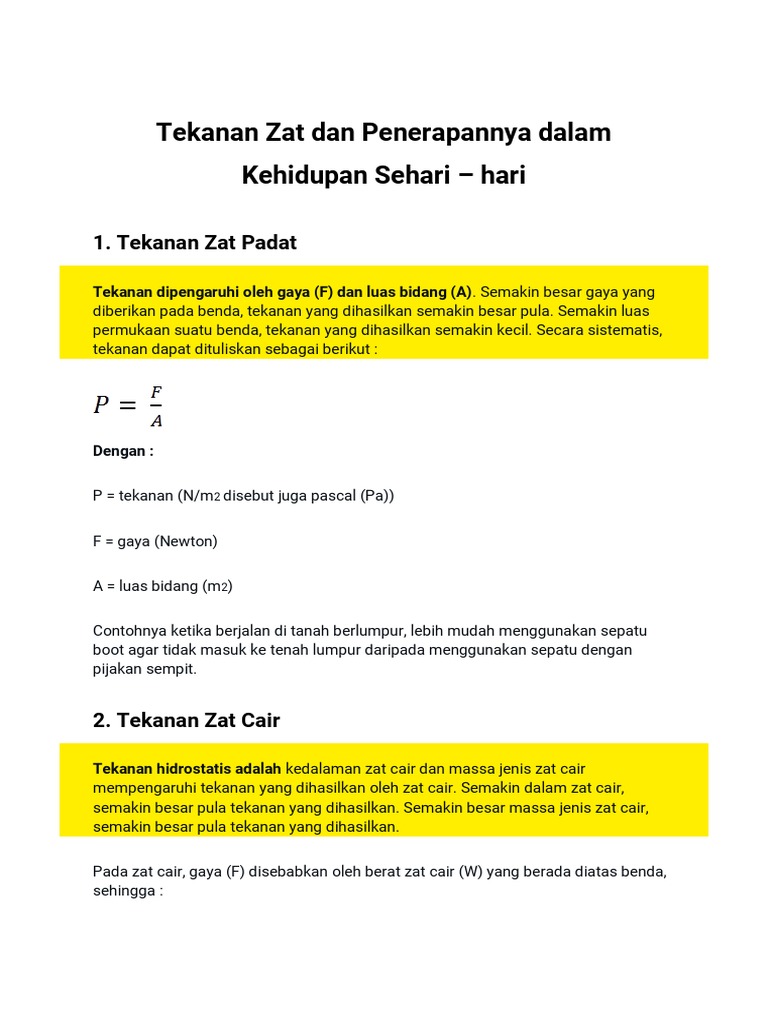 Tekanan Zat Dan Penerapannya Dalam Kehidupan Sehari - Hari | PDF