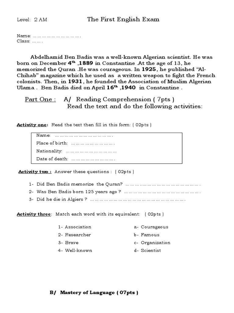 The First English Exam: Level: 2 AM | PDF | Charles Dickens | Linguistics