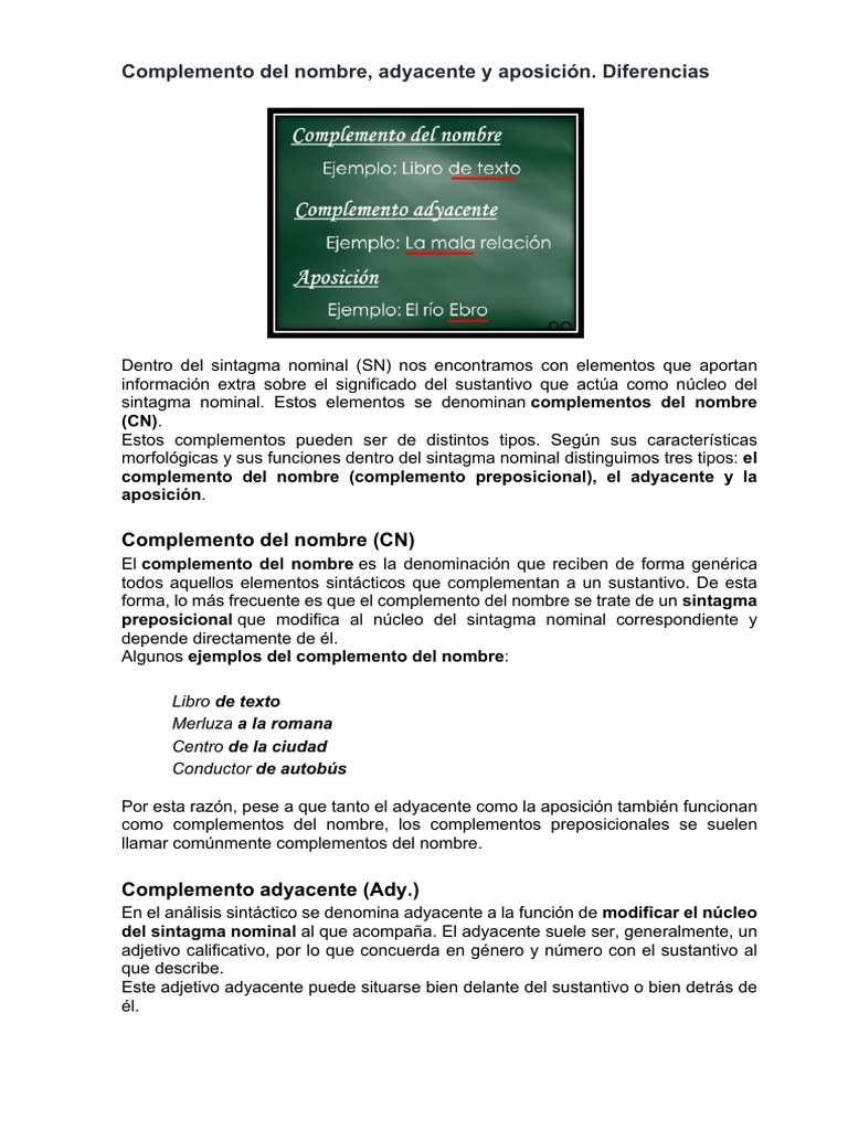Los tipos de complementos del nombre: complemento del nombre, adyacente y aposición | PDF ...