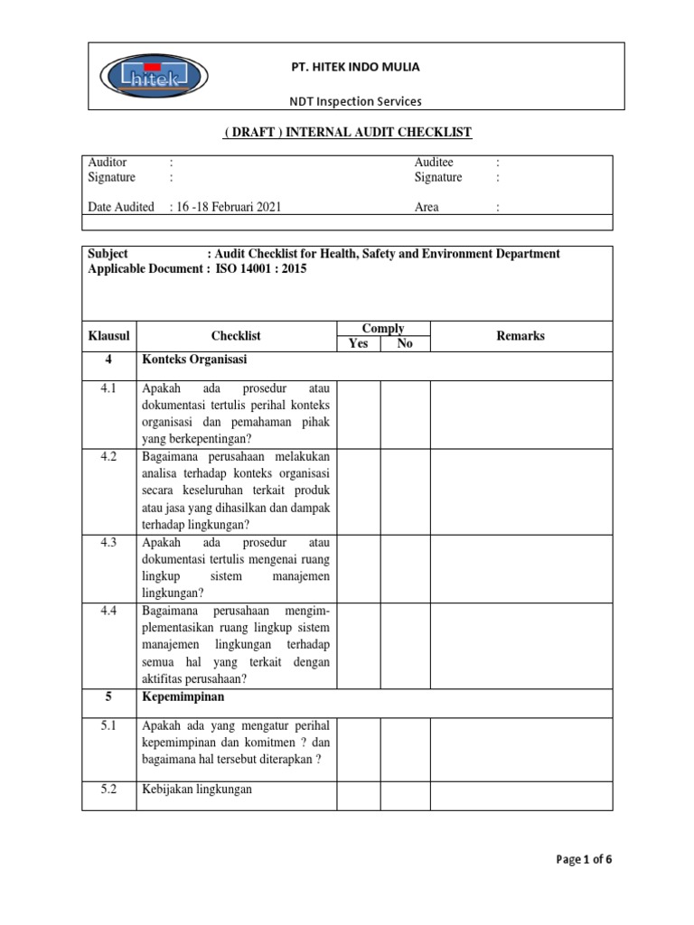 Checklist Audit Internal ISO 14001 | PDF