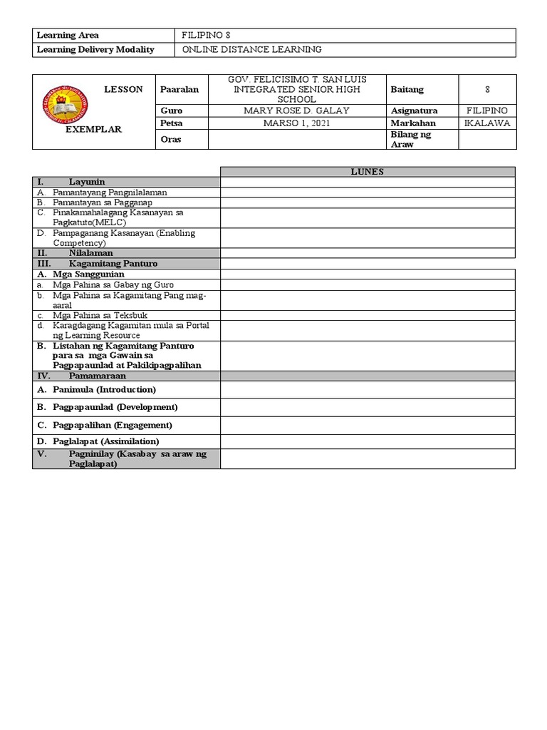 Gftsishs Lesson Exemplar Template - Filipino | PDF
