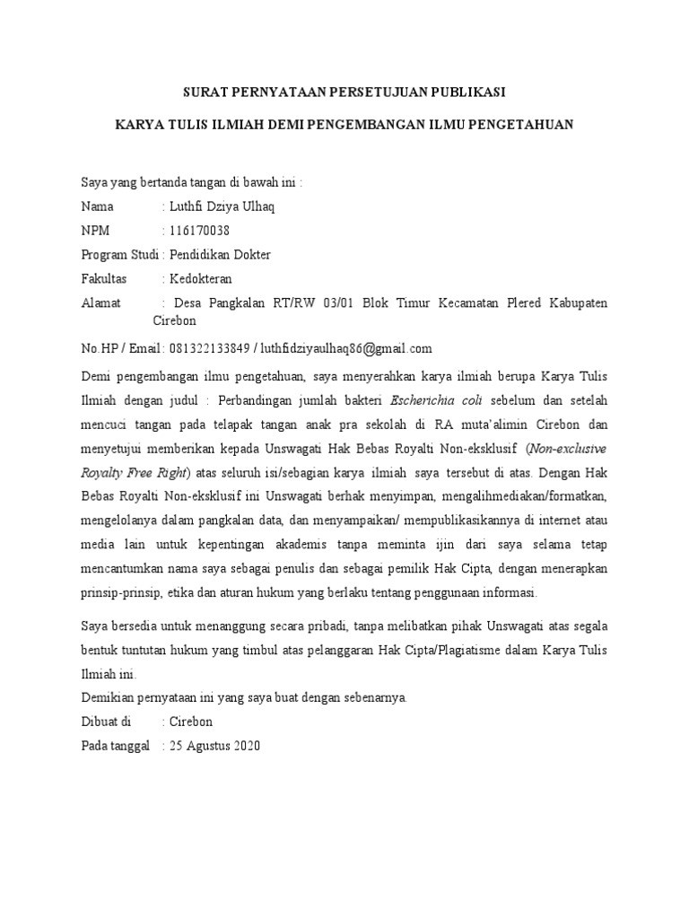 Surat Persetujuan Publikasi Karya Ilmiah | PDF | Ilmu Sosial