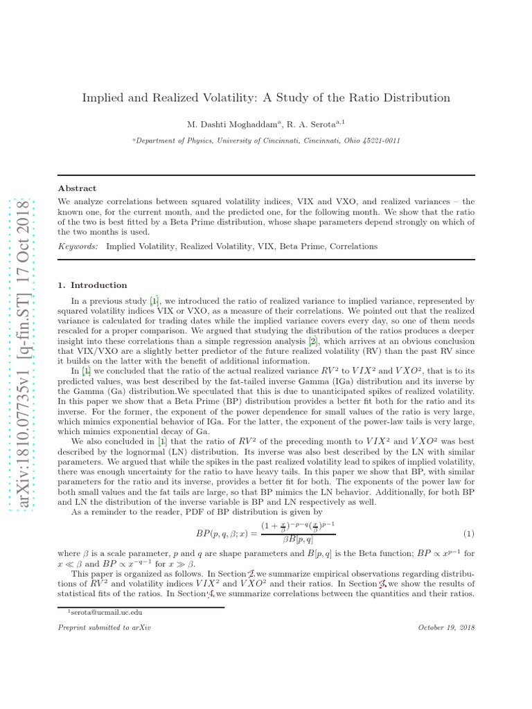Implied and Realized Volatility: A Study of The Ratio Distribution ...