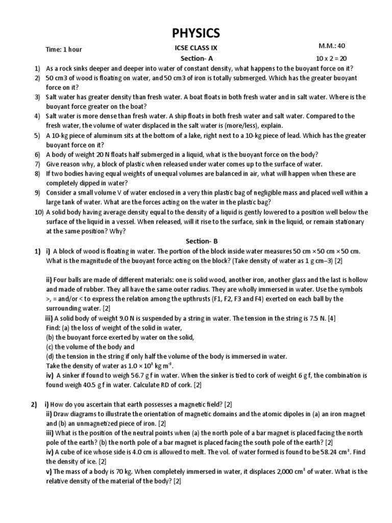 Physics Icse Class Ix Test Series QP1 | PDF | Buoyancy | Density