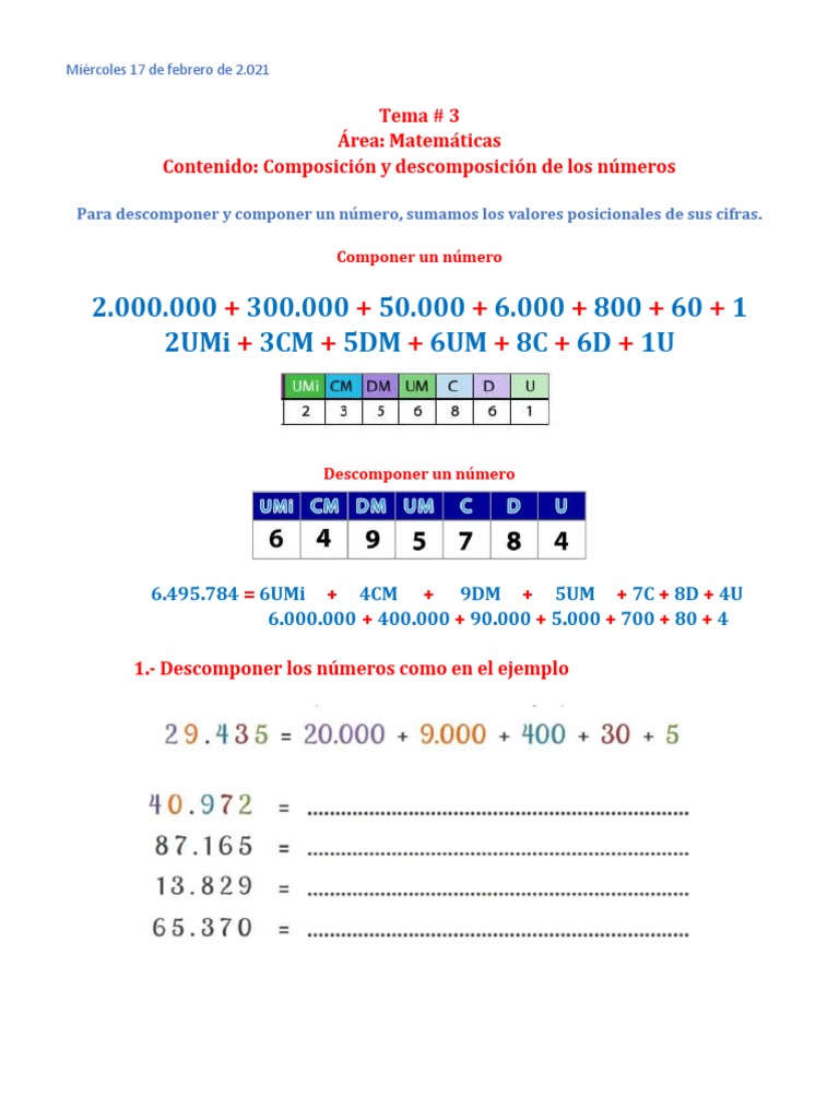 Tema 3 Composicion y Descomposicion de Numeros | PDF
