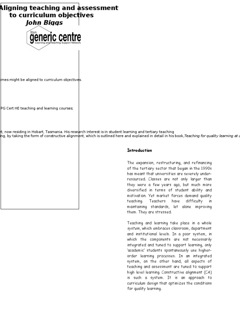 Biggs Constructive Alignment | PDF | Educational Assessment | Teaching ...