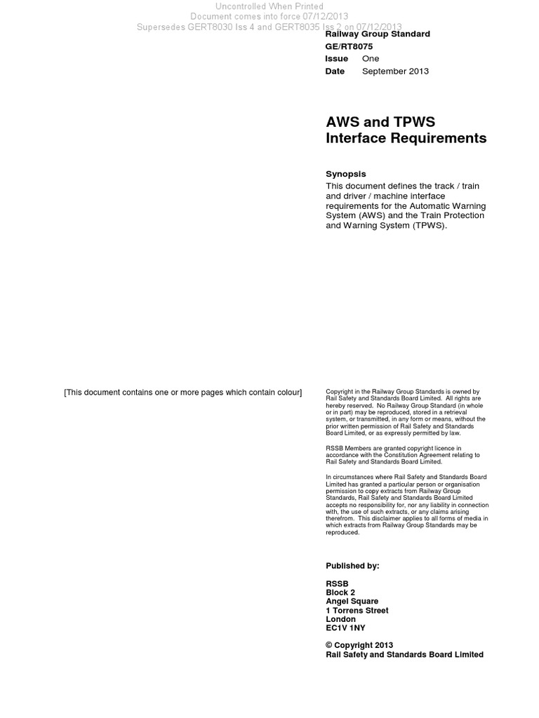 GERT8075 AWS & TPWS Interface Req | PDF | Rail Infrastructure ...