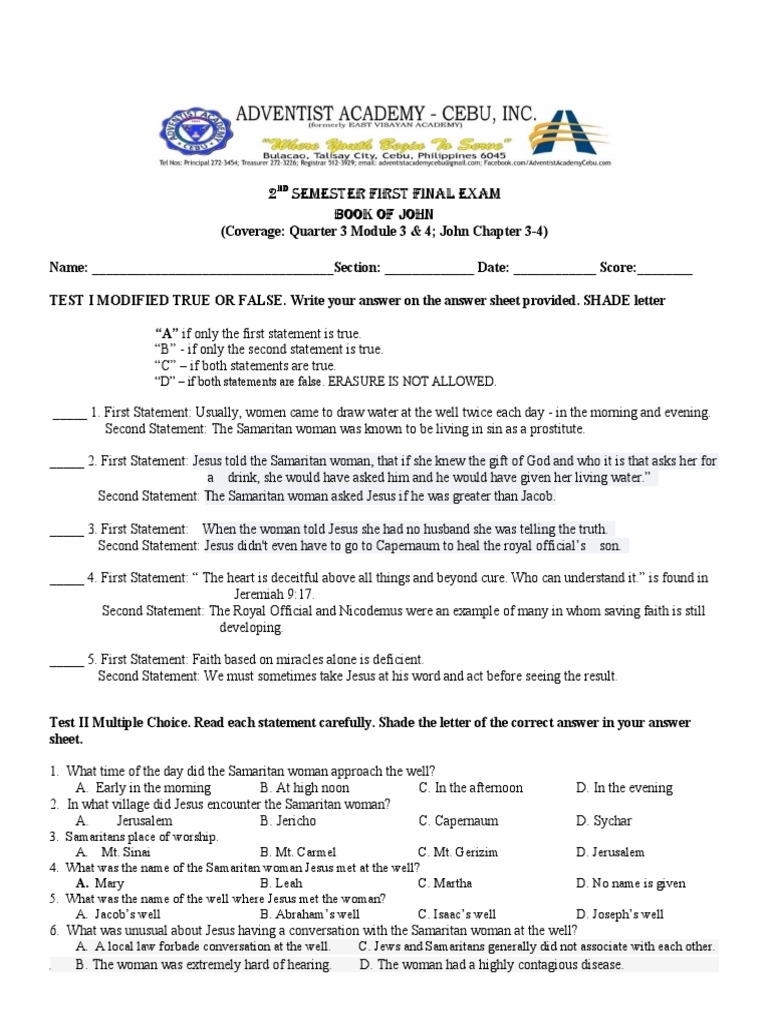 Book of John First Final Examination Test Paper | PDF | Gospel Of John ...