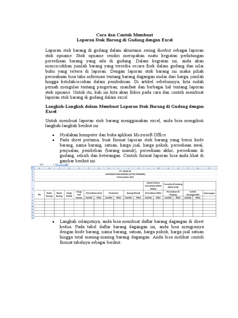 Cara Dan Contoh Membuat Laporan Stok Barang Di Gudang Dengan Excel | PDF