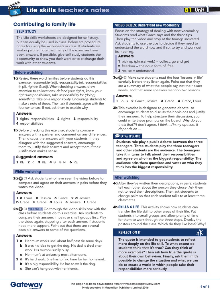 B1 UNIT 1 Life Skills Video Teacher's Notes | PDF | Adolescence ...