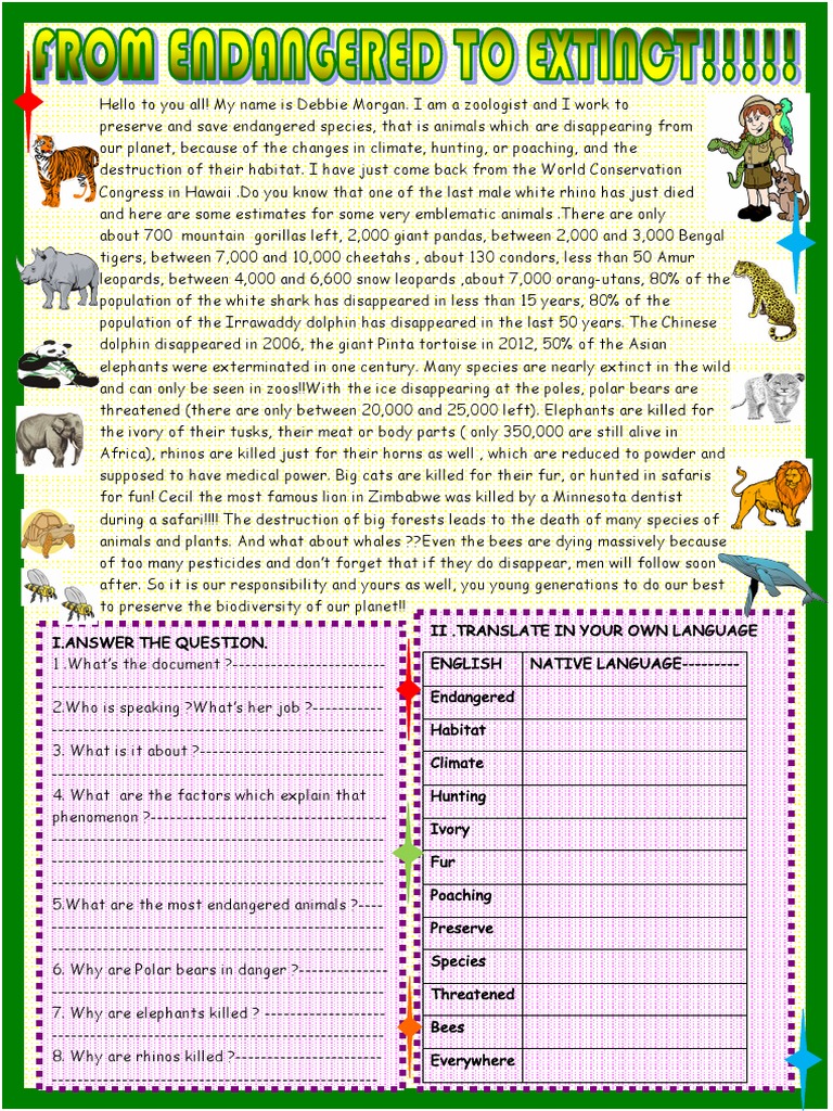 From Endangered To Extinct 2 Page Updated Reading Reading Comprehension ...