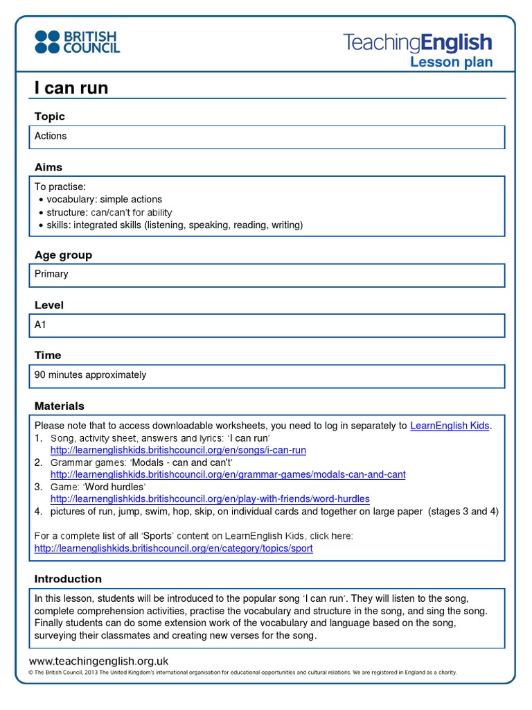 Lesson Plan - I Can Run | PDF | Lesson Plan | Reading Comprehension