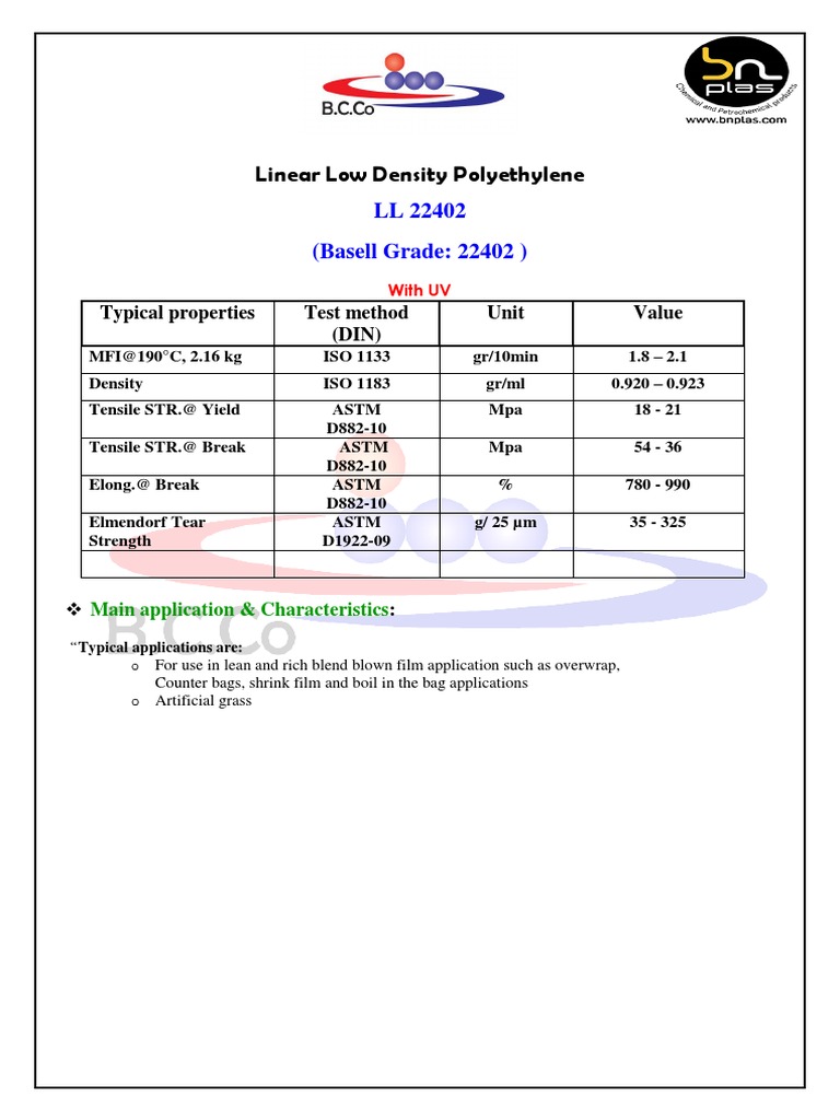 Linear Low Density Polyethylene: LL 22402 (Basell Grade: 22402) | PDF