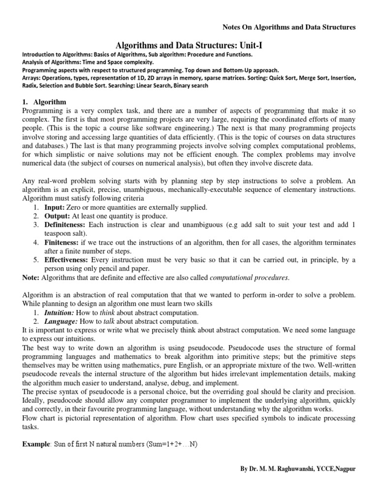 Algorithms And Data Structures Unit I Pdf Time Complexity Algorithms