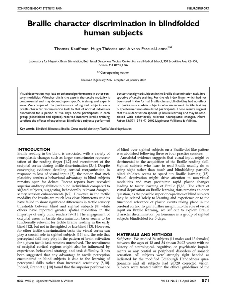 Braille Character Discrimination in Blindfolded Human Subjects | PDF ...
