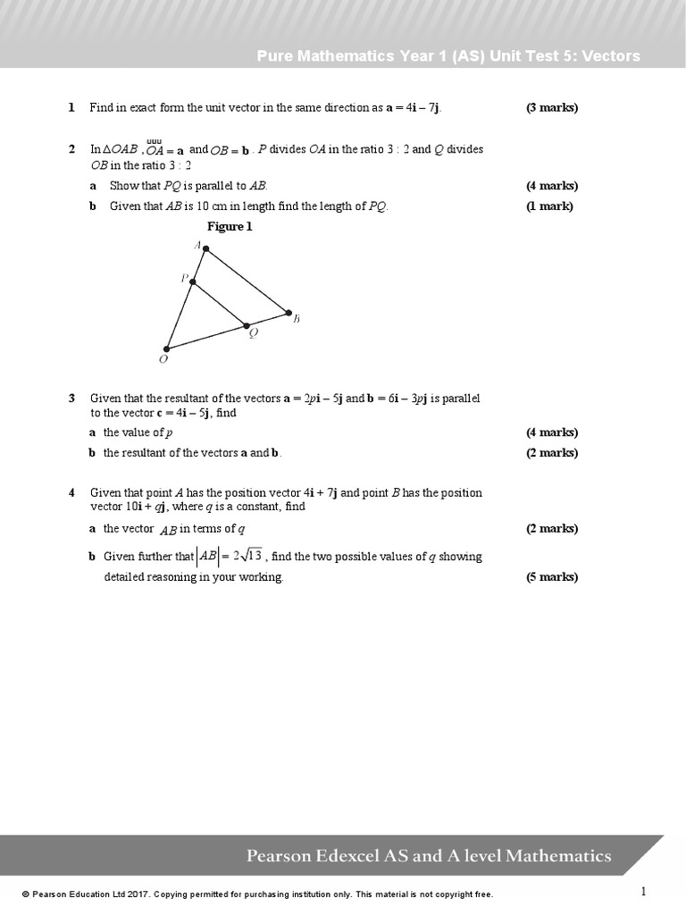 Pure Mathematics Year 1 (AS) Unit Test 5: Vectors: OA OB | PDF ...