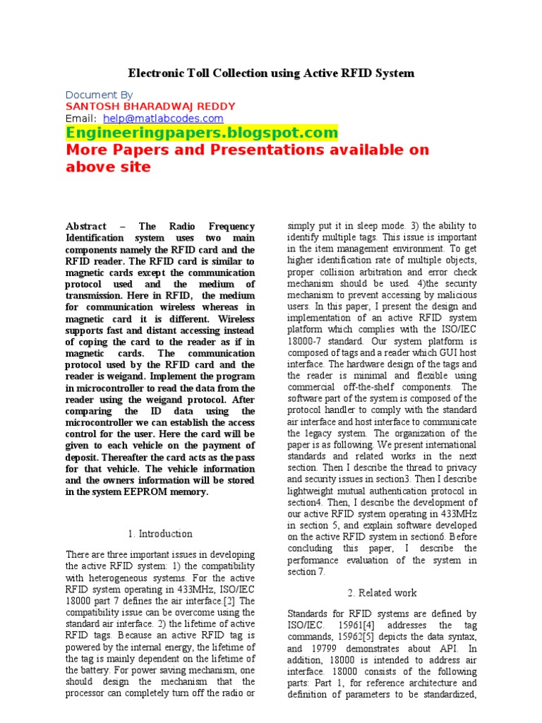 Electronic Toll Collection Using Active RFID System | PDF | Radio ...