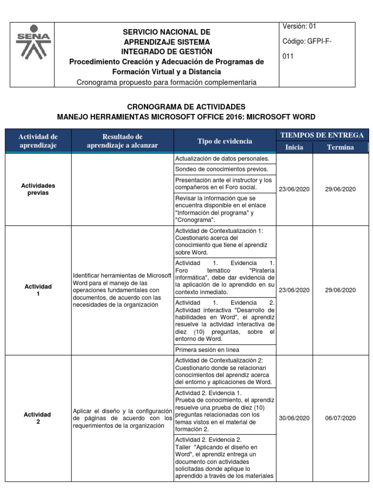 Cronograma de Actividades en Word | PDF | Microsoft Word | Microsoft