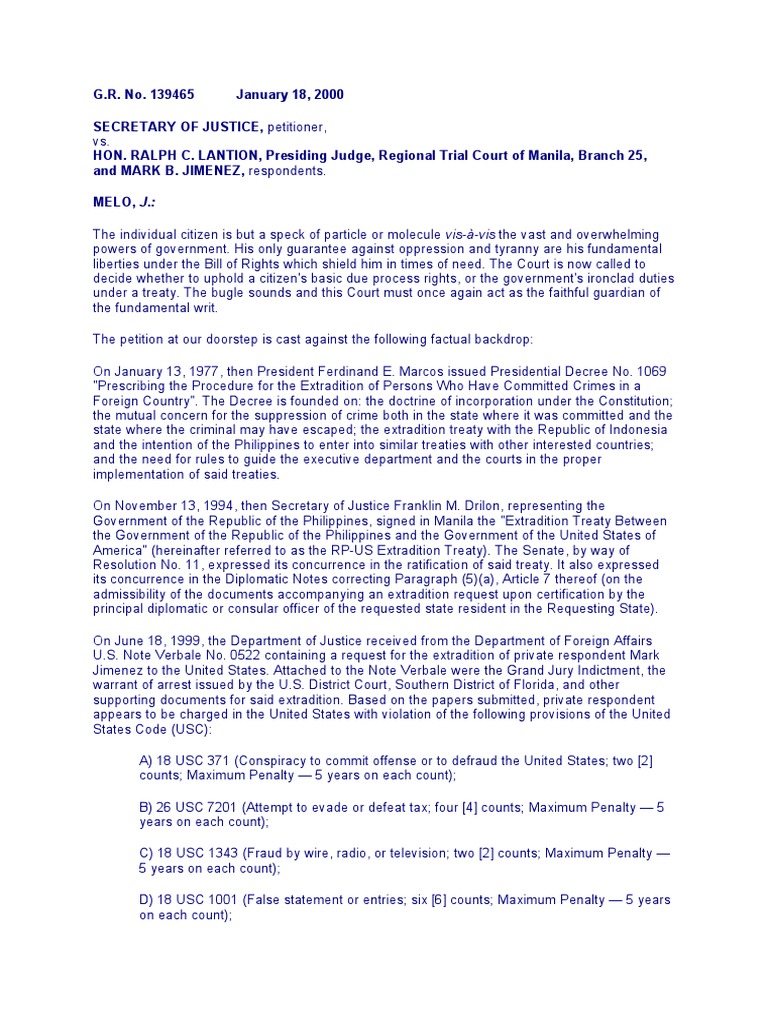 Extradition Case: Justice vs. Lantion | PDF | Extradition | Separation ...