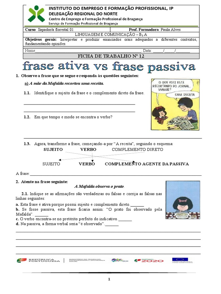 FICHA DE TRABALHO Nº12 - Frase Ativa - Frase Passiva | PDF | Assunto ...
