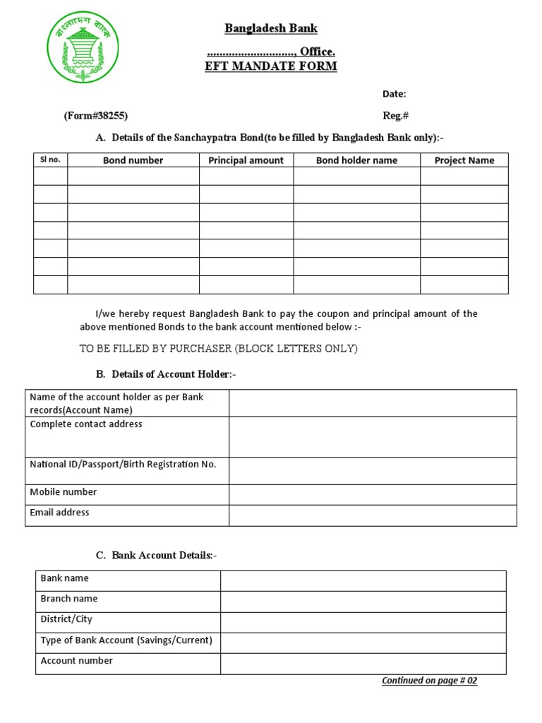 Bangladesh Bank ............................, Office. Eft Mandate Form ...