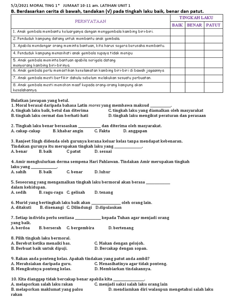 Contoh Tingkah Laku Bermoral Tingkatan 1 | PDF