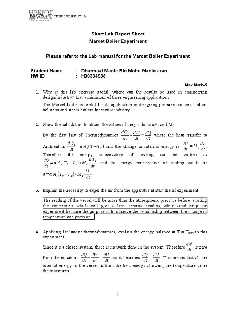 Short Lab Report Sheet Marcet Boiler 2021 | PDF | Temperature | Boiler