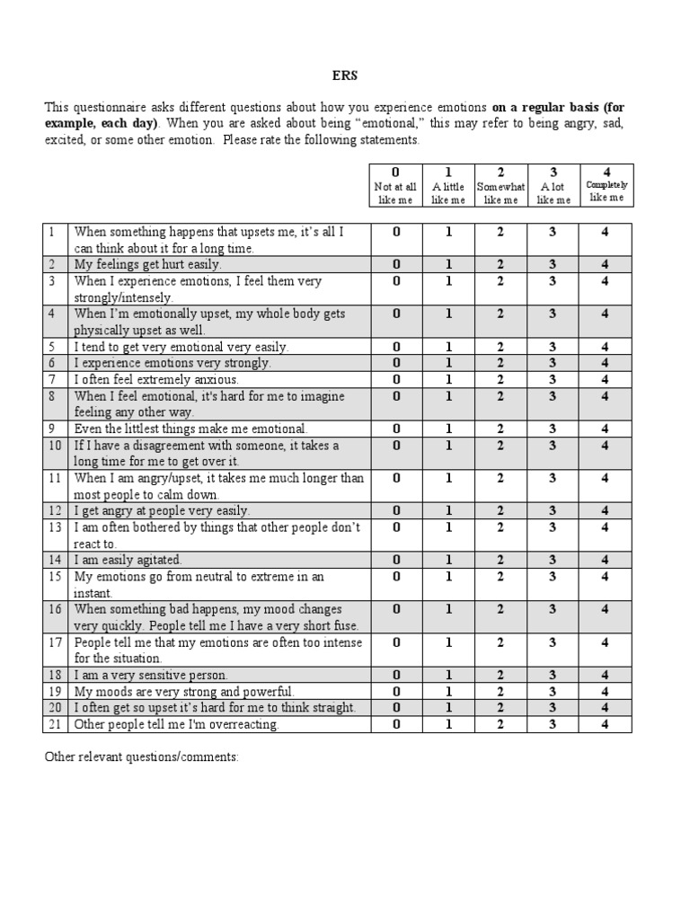 Emotional Reactivity Scale Questionnaire | PDF | Emotions | Subjective ...